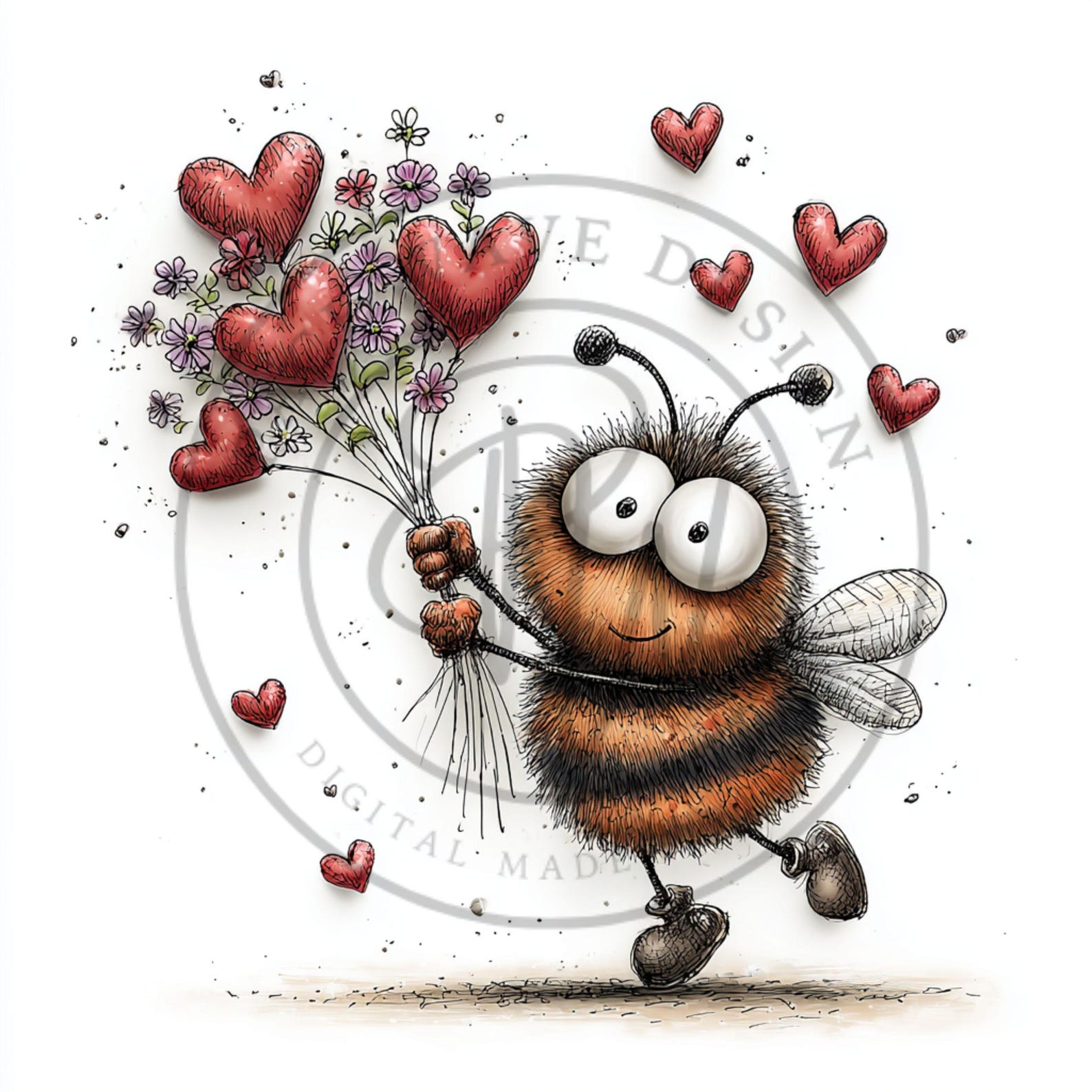 Whimsical Valentines Bumblebee Love Clipart - Heart, Balloon, Honey ...