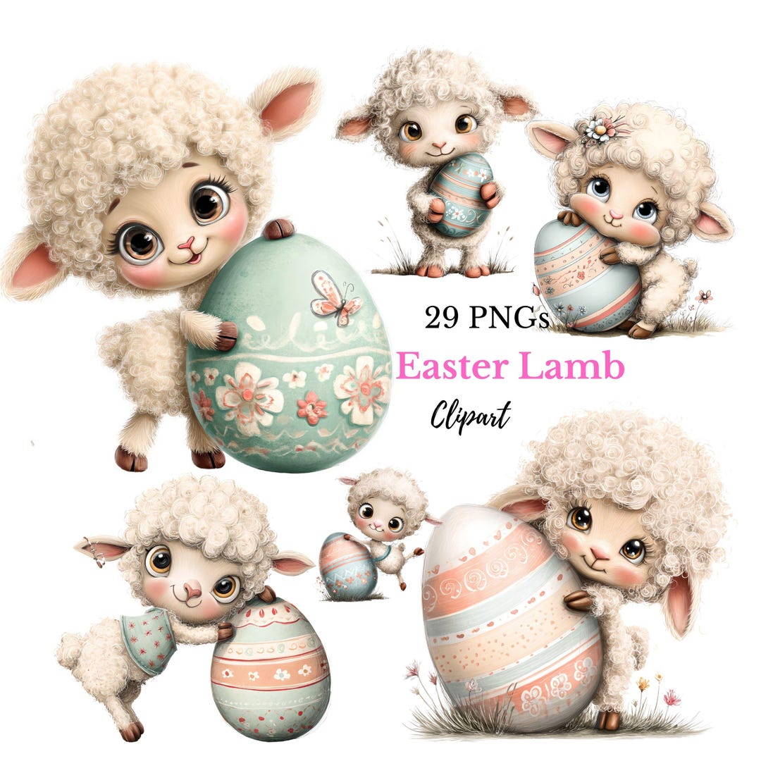 Whimsical Easter Lamb Clipart Bundle, Easter Egg Graphics (29 PNG ...