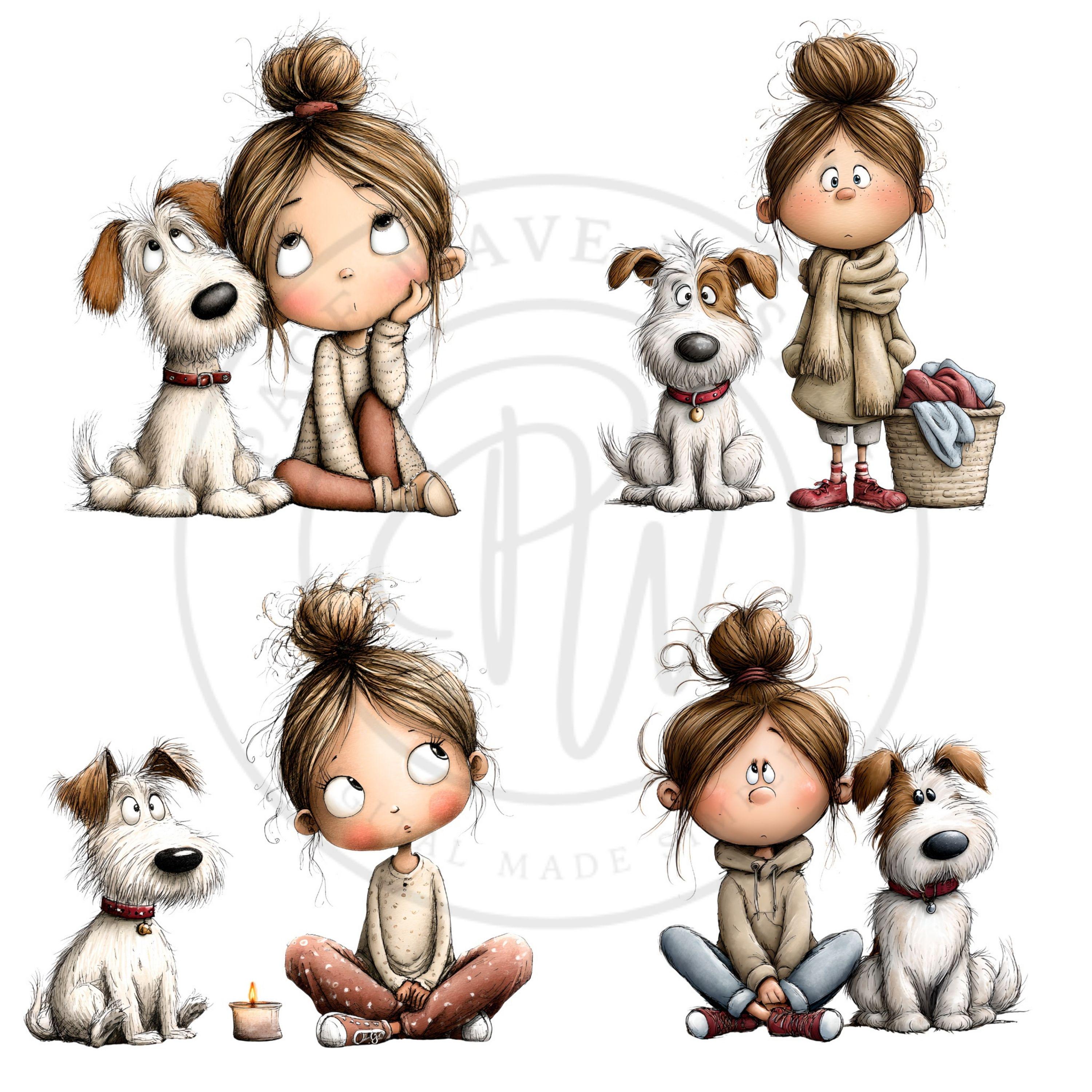 Whimsical Girl and Dog Clipart - Cute Girl With Puppy Graphics (digital ...
