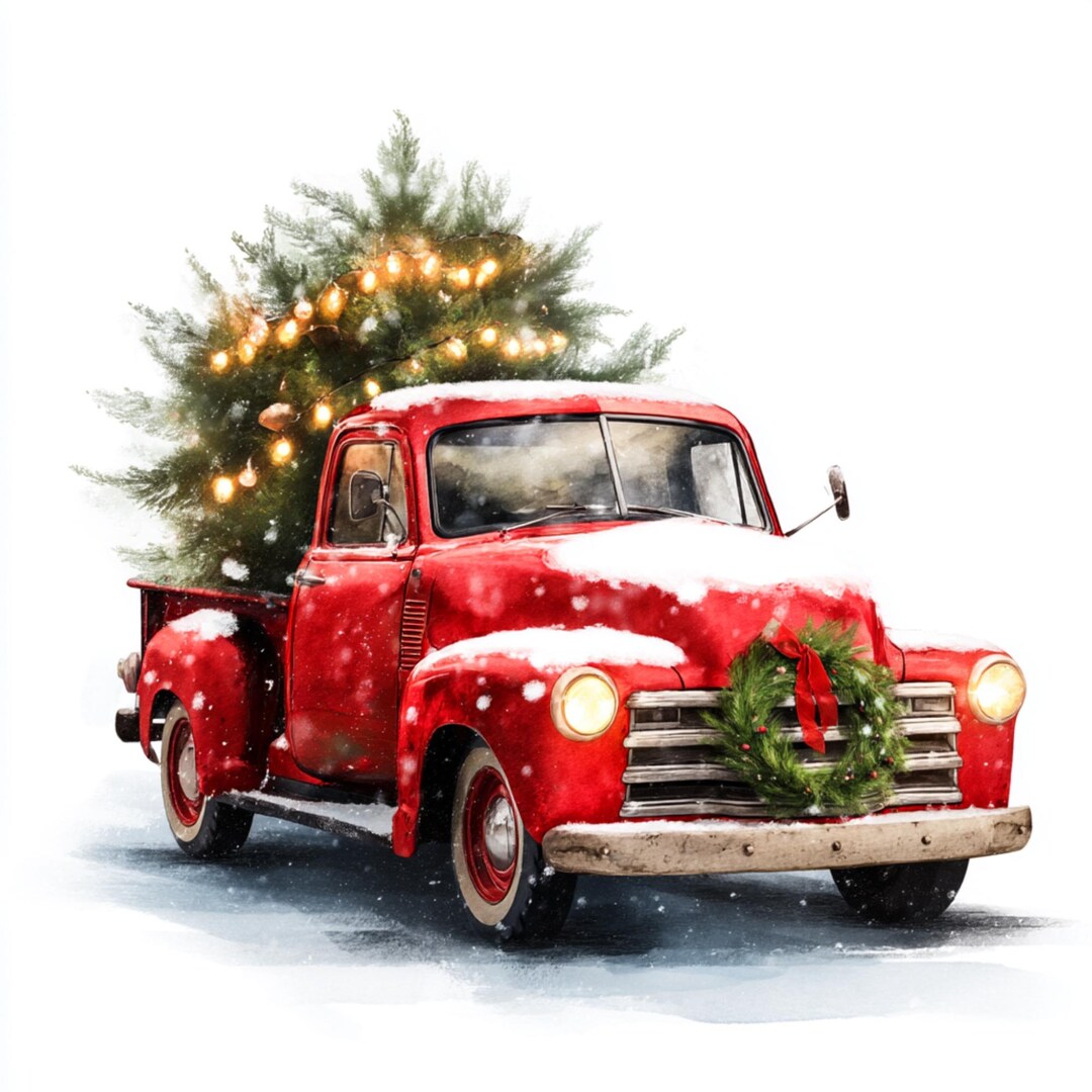 Vintage Truck Christmas Clipart: Watercolor Holiday PNG Set (digital ...