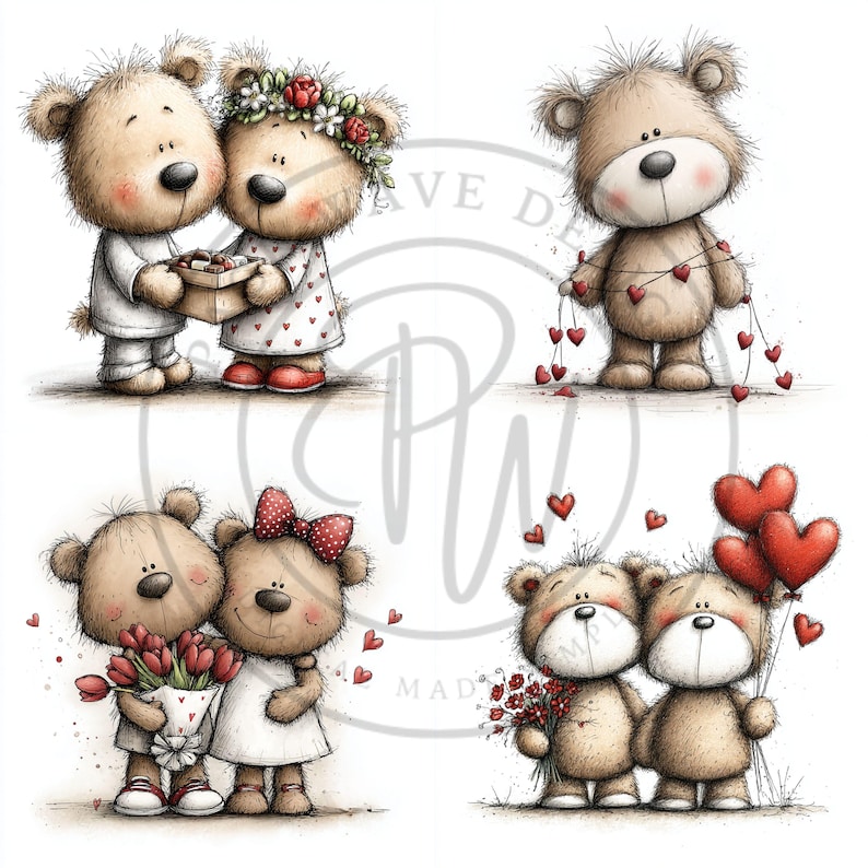 Whimsical Valentines Teddy Bear Love Clipart - Heart, Balloon, Roses ...