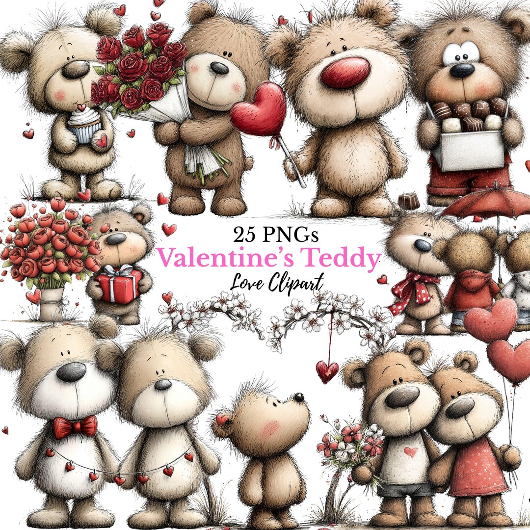 Whimsical Valentines Teddy Bear Love Clipart - Heart, Balloon, Roses ...