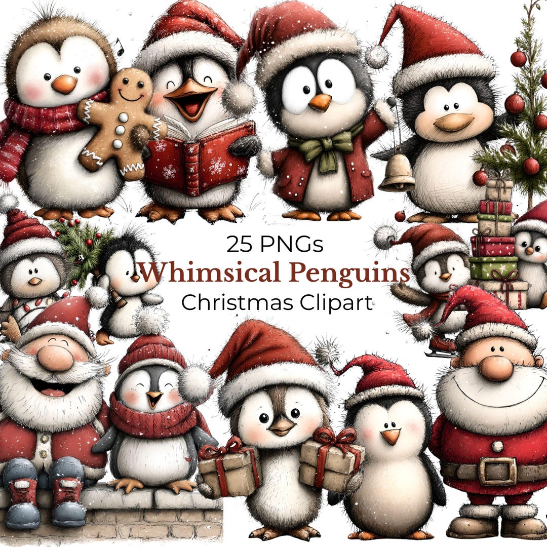 Whimsical Christmas Penguins Clipart – Holiday Penguins in Santa Hats ...