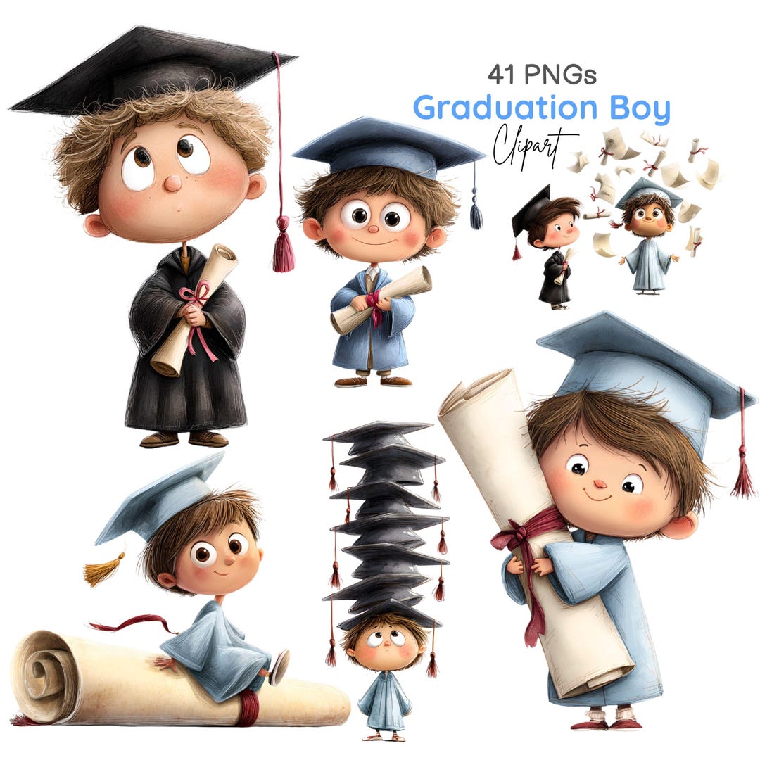 Graduation School Boy Clipart Bundle, Graduate Diploma Kids Clipart (41 ...