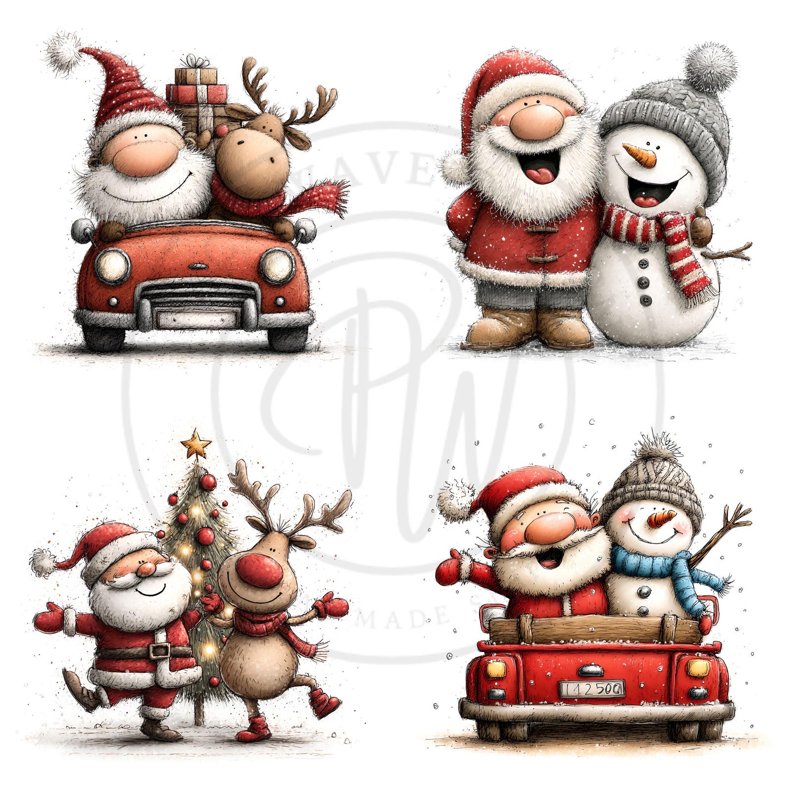 Whimsical Santa and Friends Clipart: Teddy Bear, Reindeer & Snowman ...