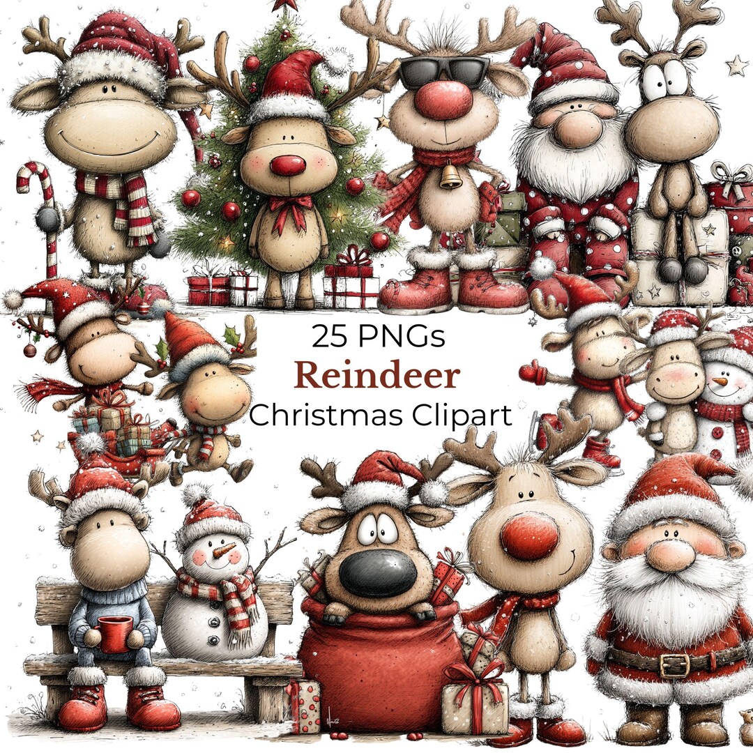 Whimsical Christmas Reindeer Clipart - Holiday Reindeers in Santa Hats ...