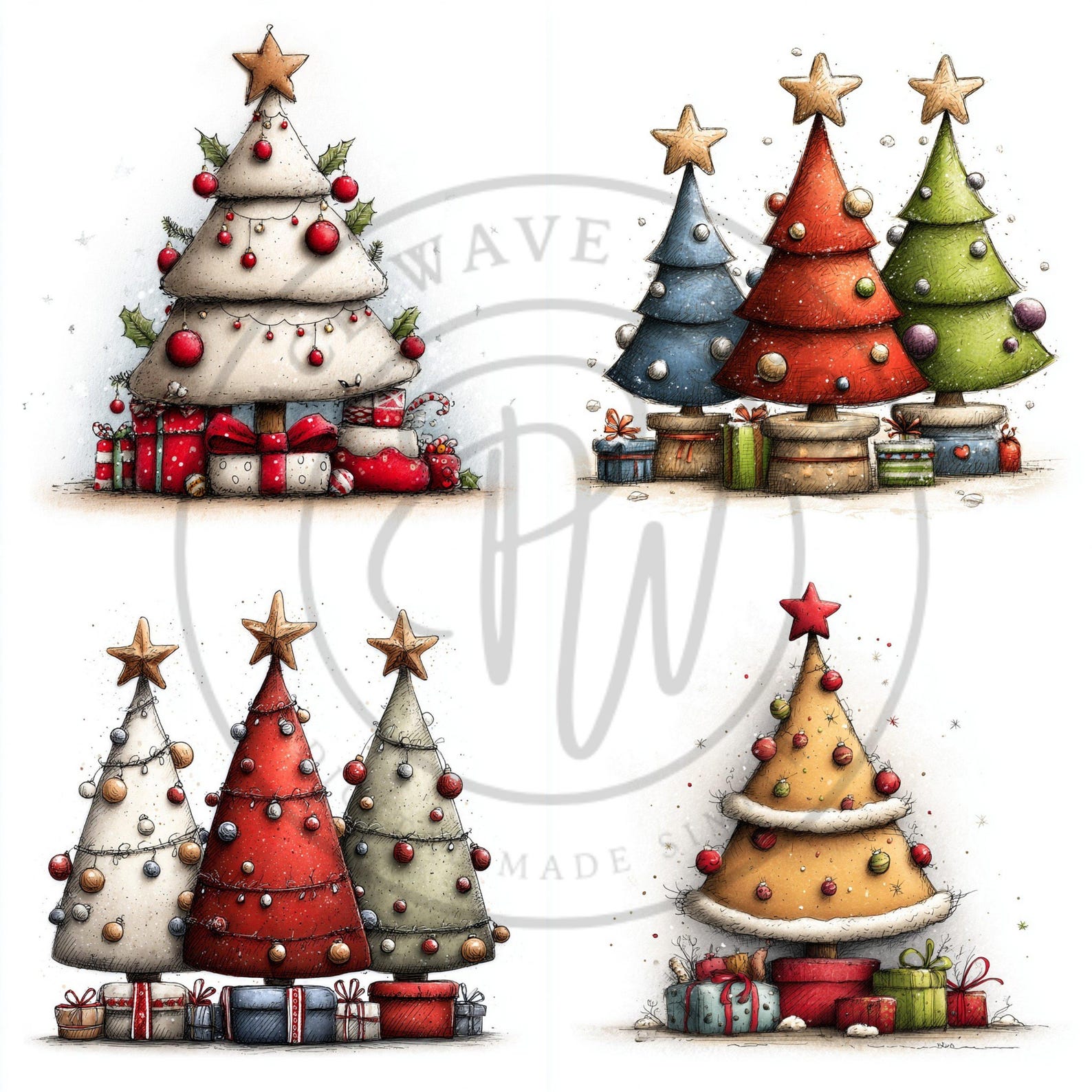 Whimsical Christmas Tree Clipart - Cozy Festive Illustration (digital ...