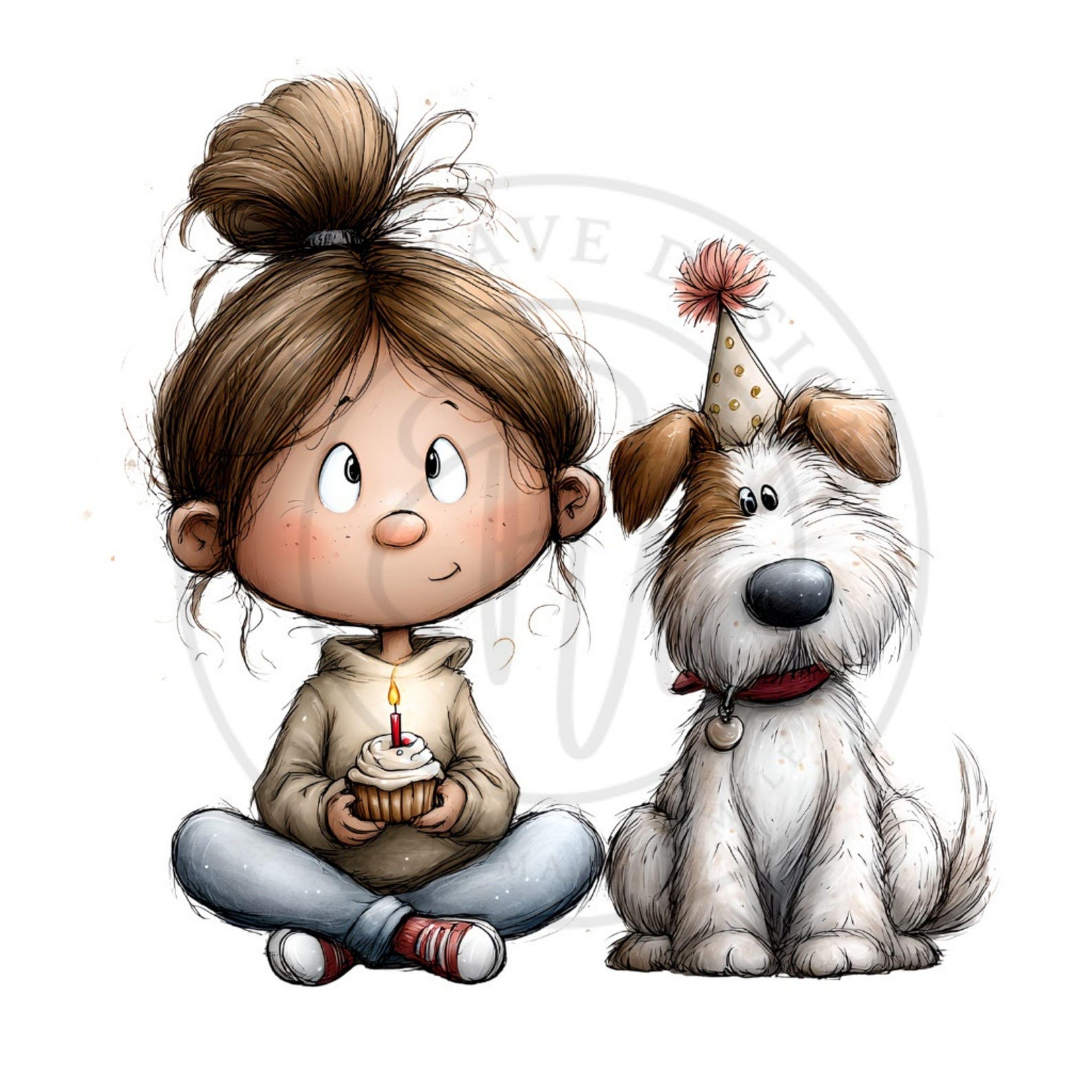 Whimsical Girl and Dog Clipart - Cute Girl With Puppy Graphics (digital ...