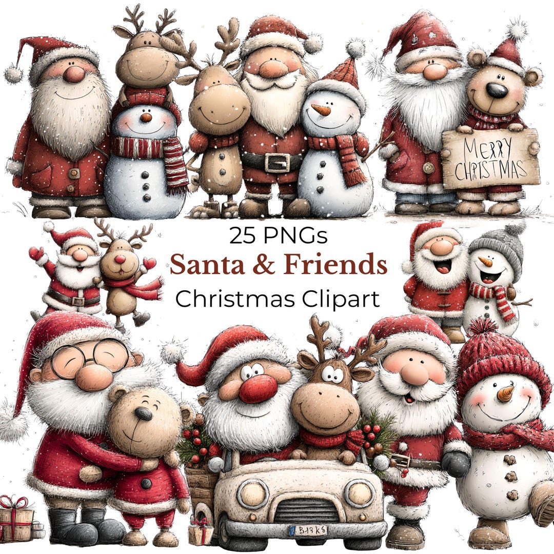 Whimsical Santa and Friends Clipart: Teddy Bear, Reindeer & Snowman ...