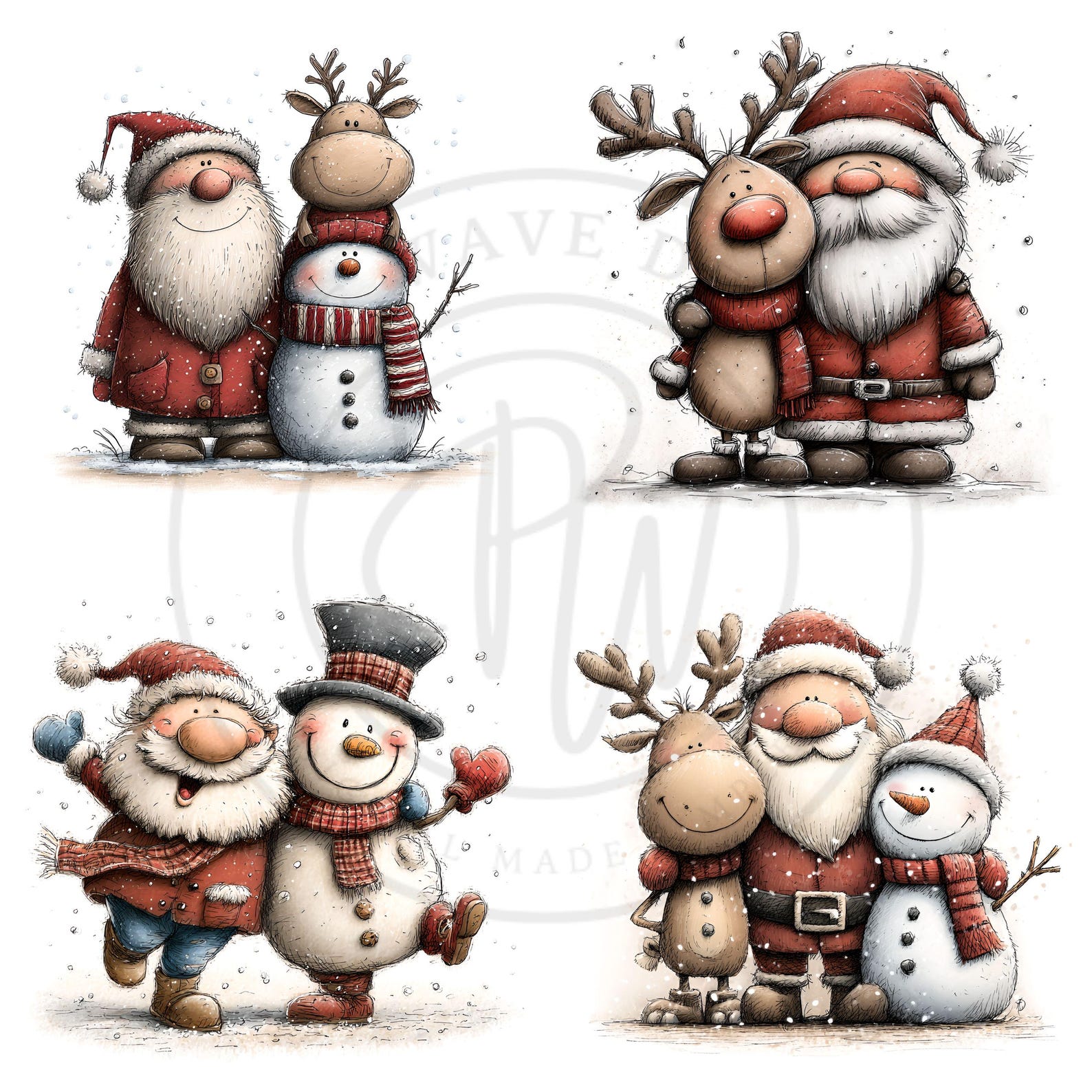 Whimsical Santa and Friends Clipart: Teddy Bear, Reindeer & Snowman ...