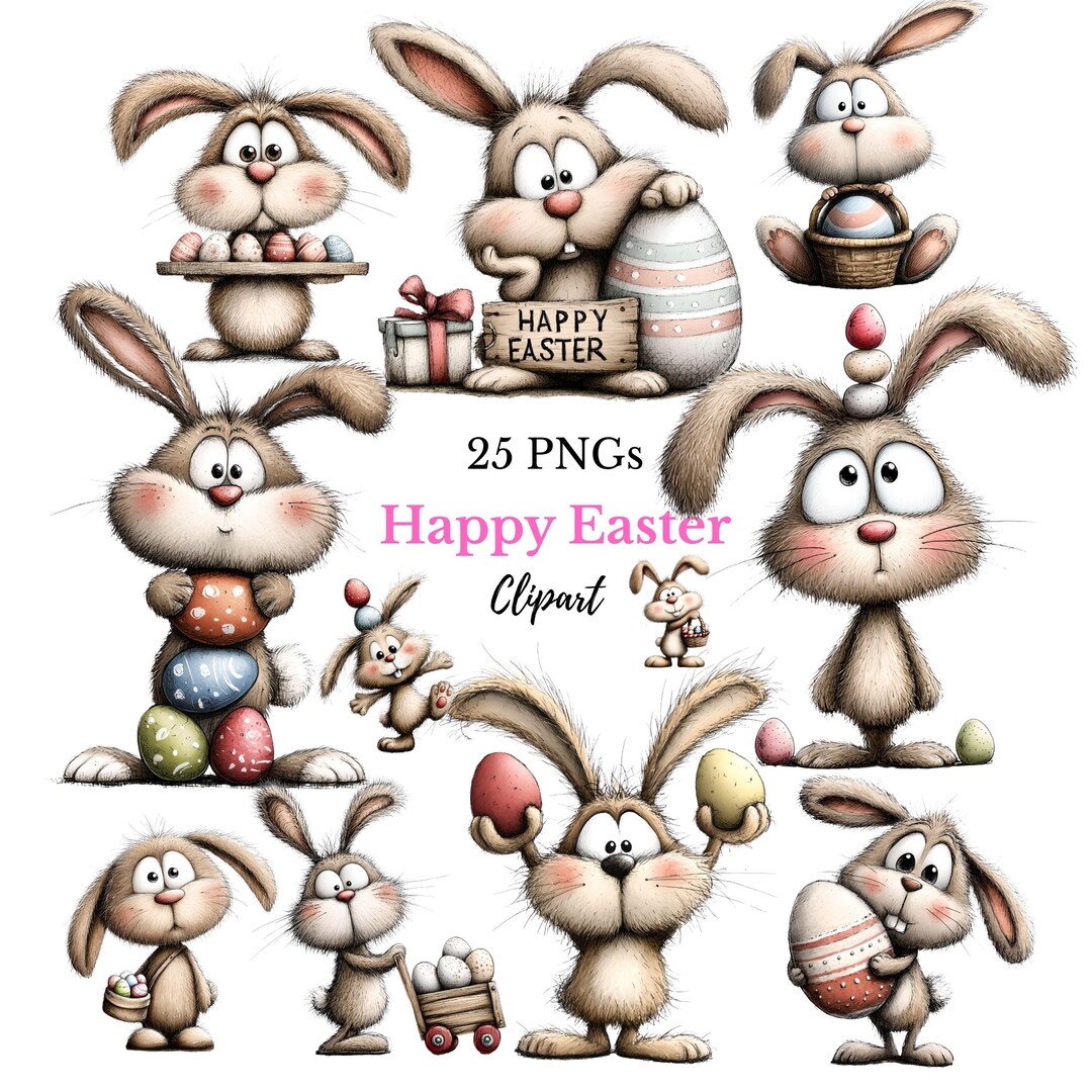 Whimsical Happy Easter Bunny Clipart - Cute Bunny With Easter Eggs ...