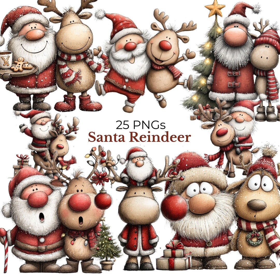 Whimsical Santa Reindeer Clipart: Festive Holiday Graphics (digital ...