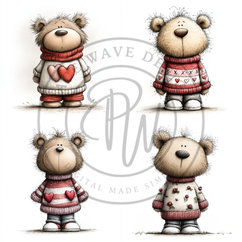 Whimsical Valentines Teddy Sweater Clipart - Bear Sweaters (digital ...