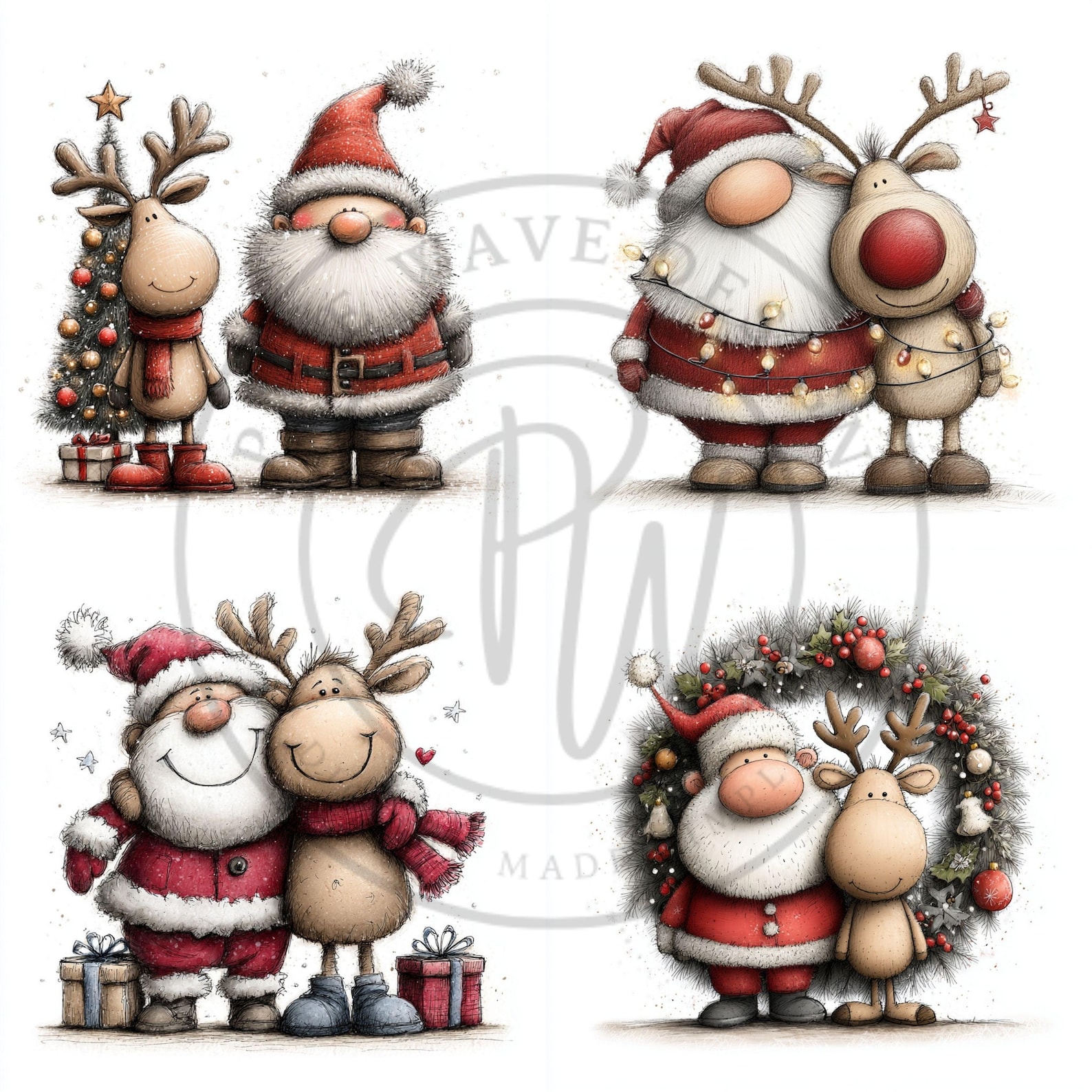 Whimsical Santa Reindeer Clipart: Festive Holiday Graphics (digital ...