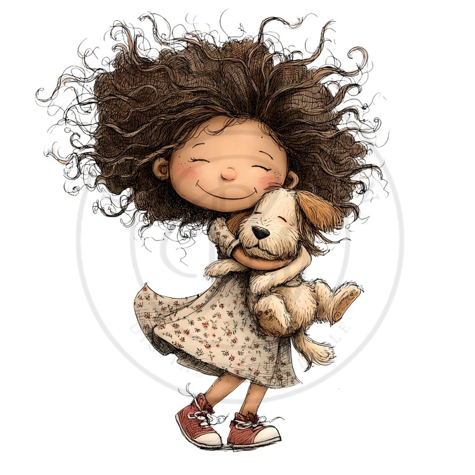 Whimsical Girl and Dog Clipart - Cute Girl With Puppy Graphics (digital ...