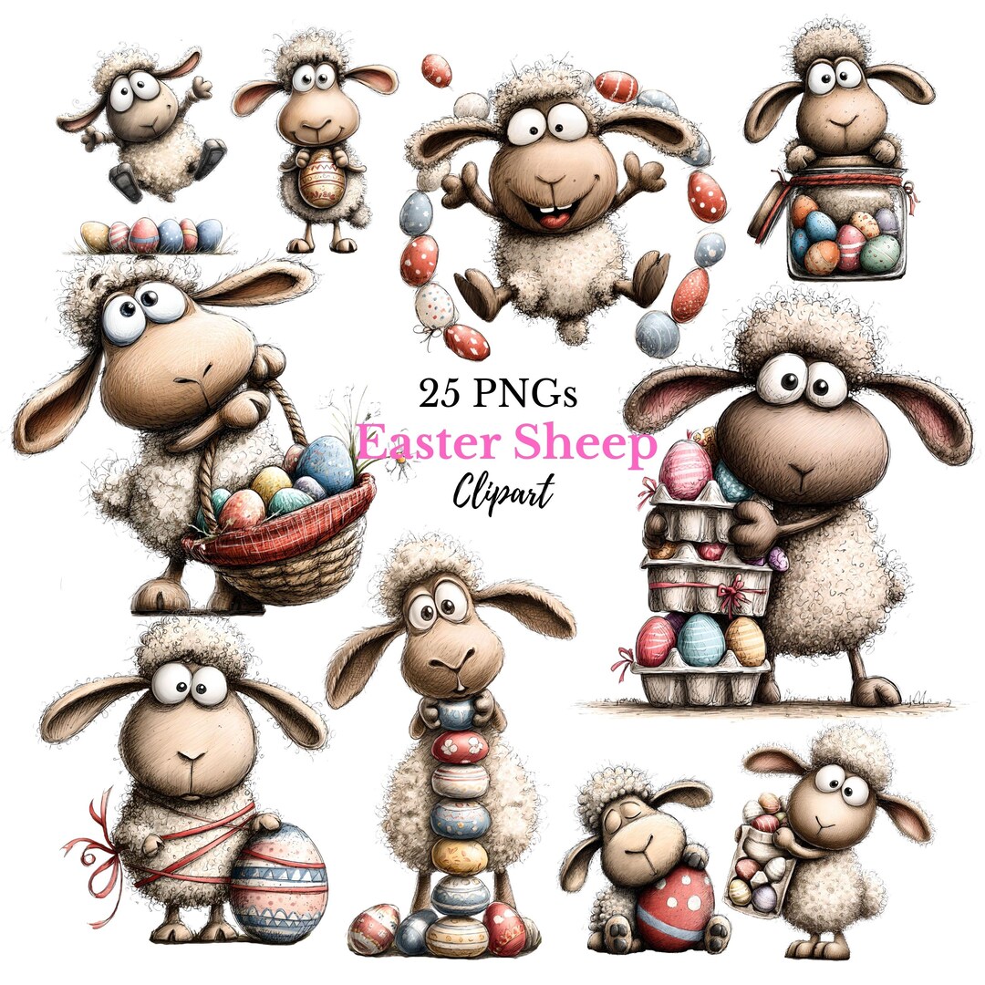 Whimsical Easter Sheep Clipart – Lamb & Eggs PNG Bundle (digital ...
