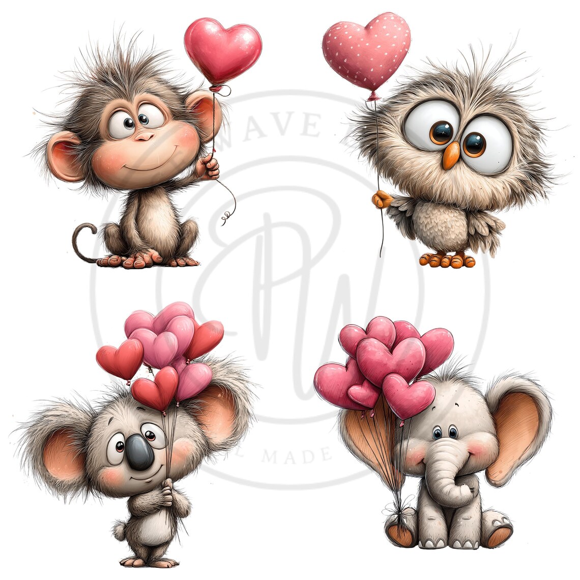 Whimsical Valentine Animal Clipart - Heart Balloons, Kids Graphics (25 ...