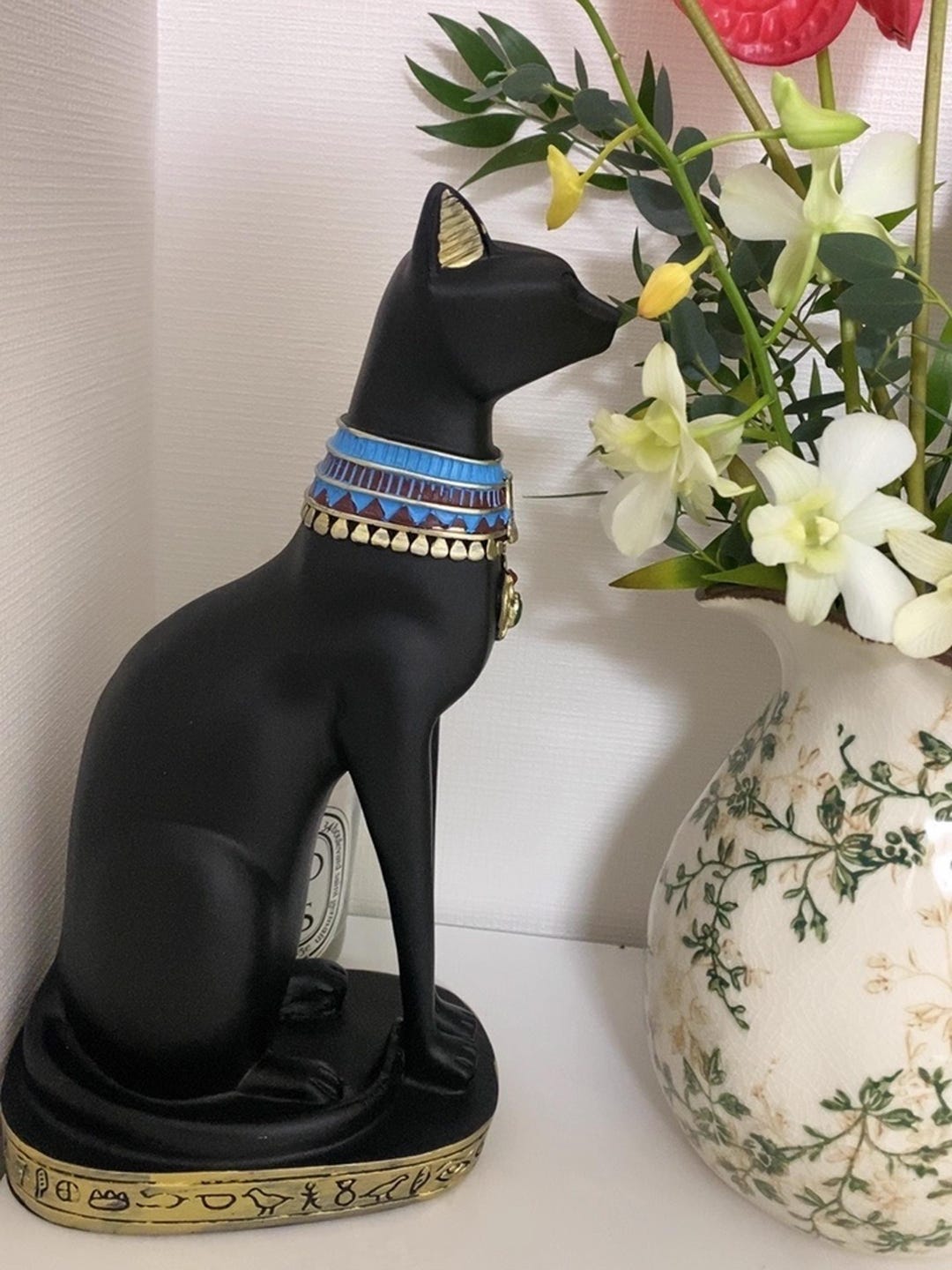 Egyptian Bastet Cat Statue - Black Resin Figurine With Blue Gold Collar ...