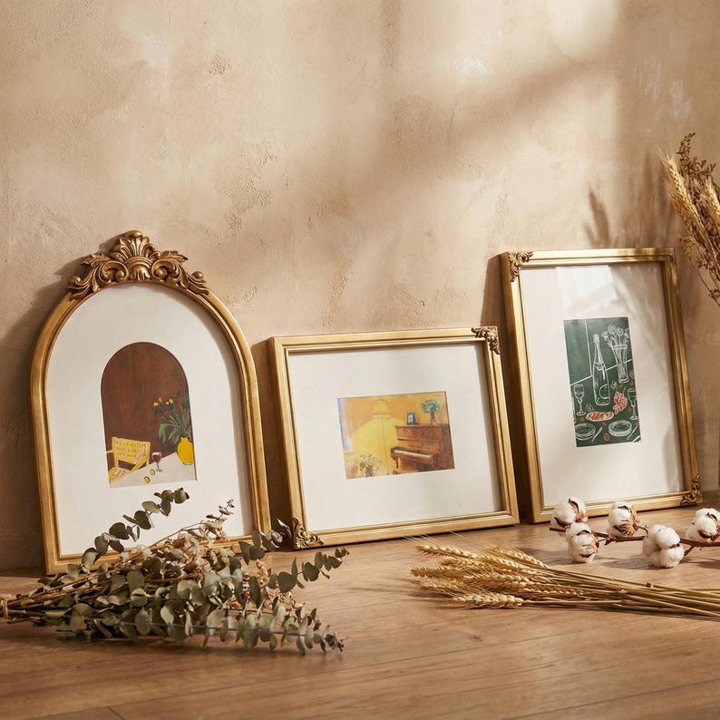 Vintage Gold Carved Gallery Wall Picture Frame With White Liner Arched ...