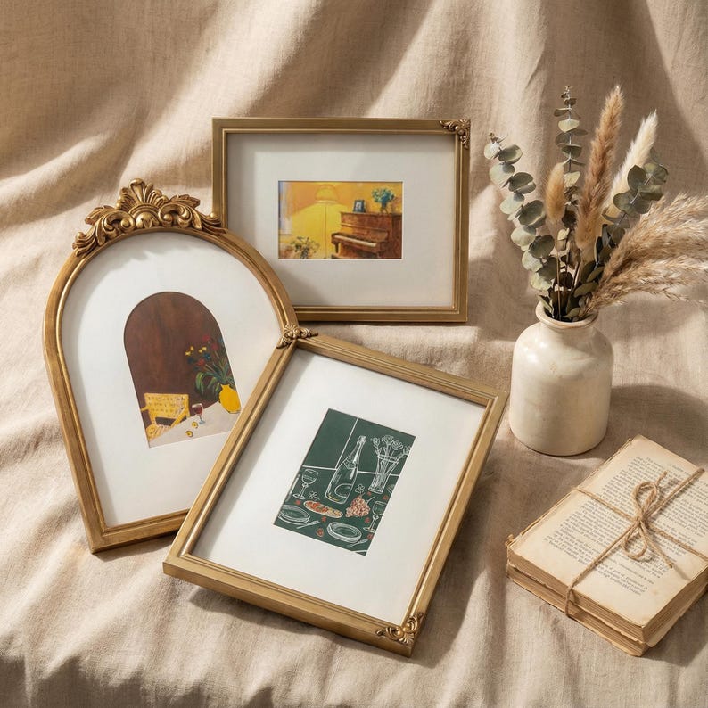 Vintage Gold Carved Gallery Wall Picture Frame With White Liner Arched ...