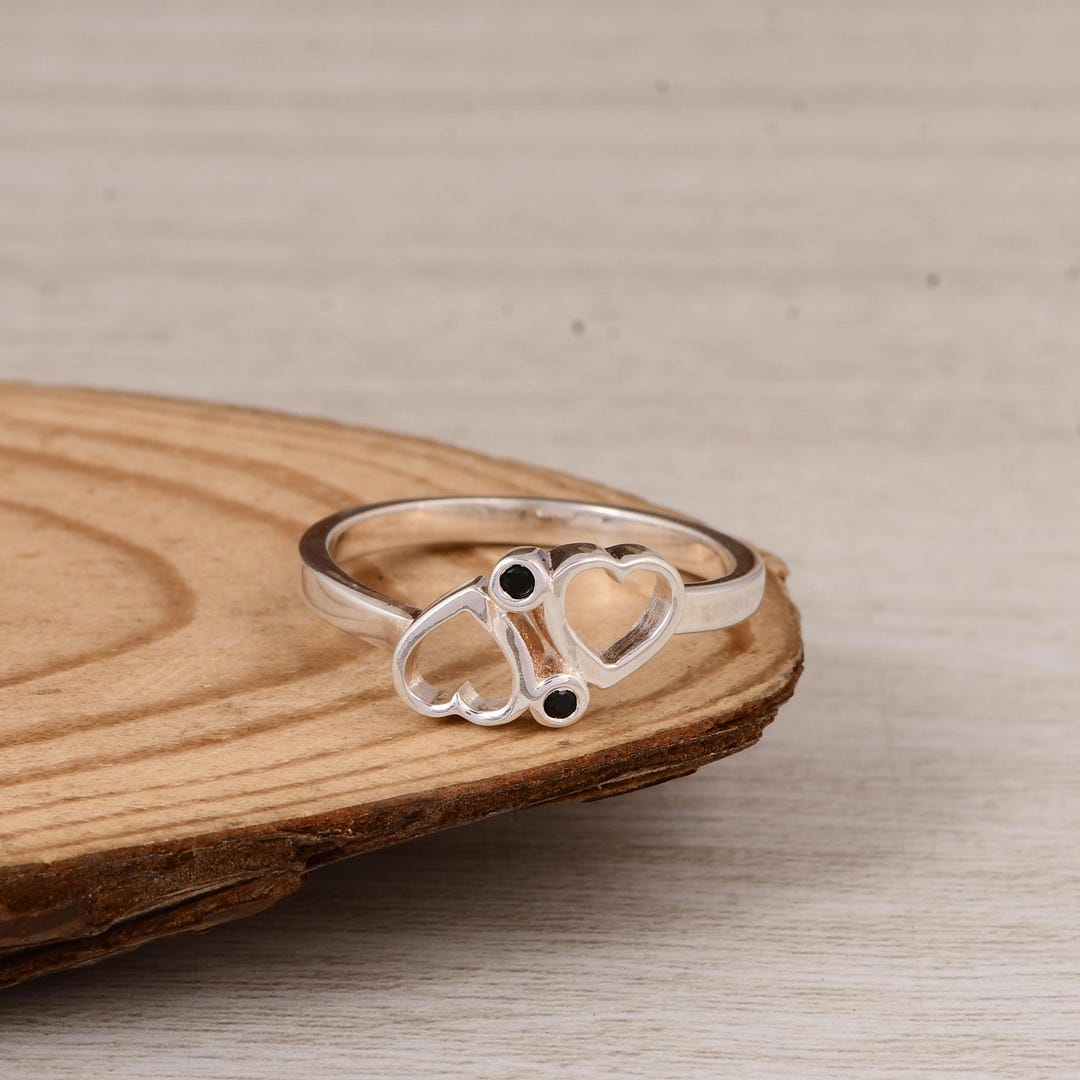 Sterling Silver Double Heart Ring With Black Spinel, Minimalist Love ...
