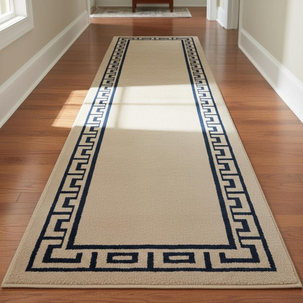 Hand Tufted Wool Stair Runner: Greek Key Design, Anti-slip Cotton ...