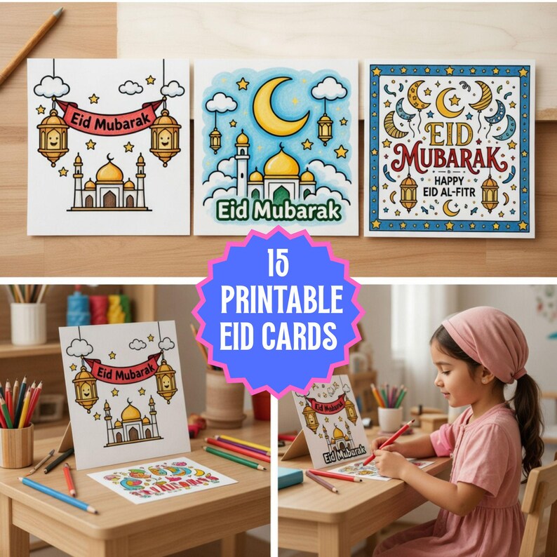 Eid Mubarak Coloring Cards 2026 Printable Bundle | Kids Color Your Own ...