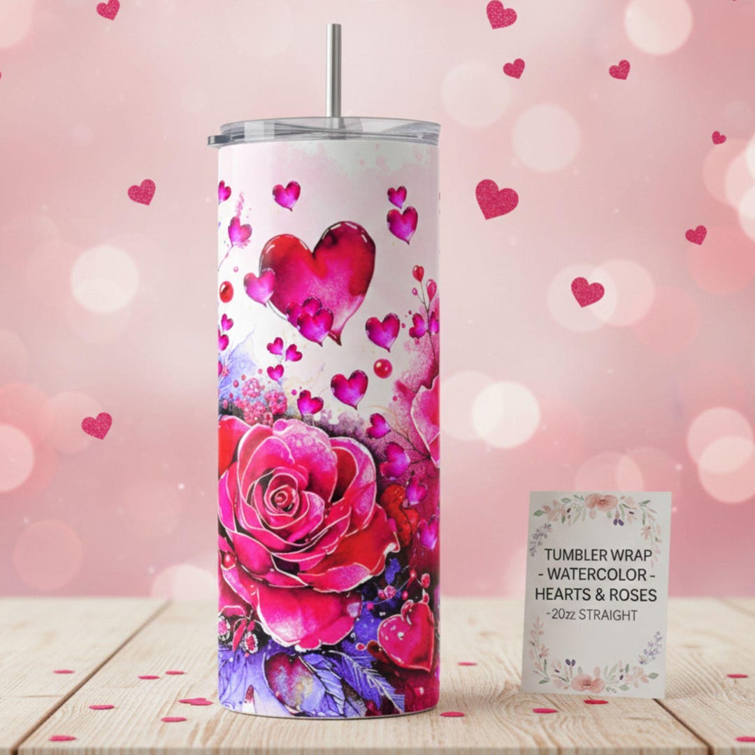 Pink Roses Hearts 20oz Tumbler Wrap, Valentine's Day Sublimation ...