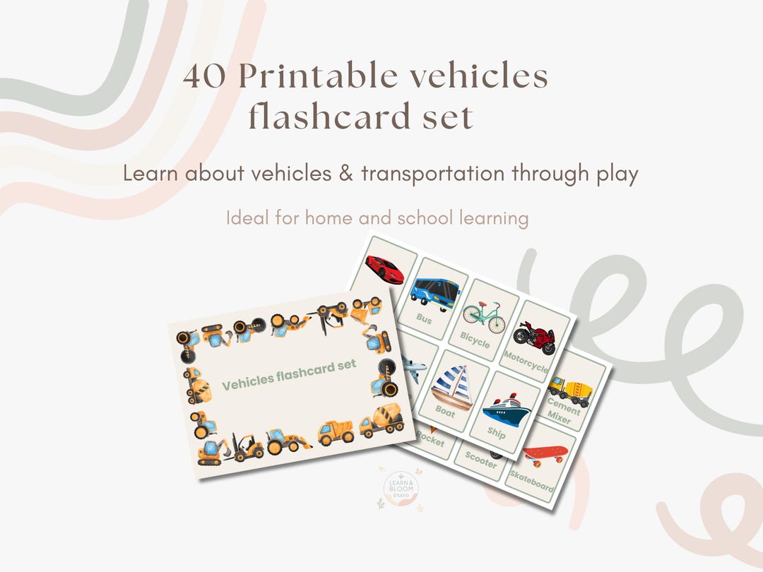Vehicle Flashcards Printable | 40 Transportation Cards | Construction ...
