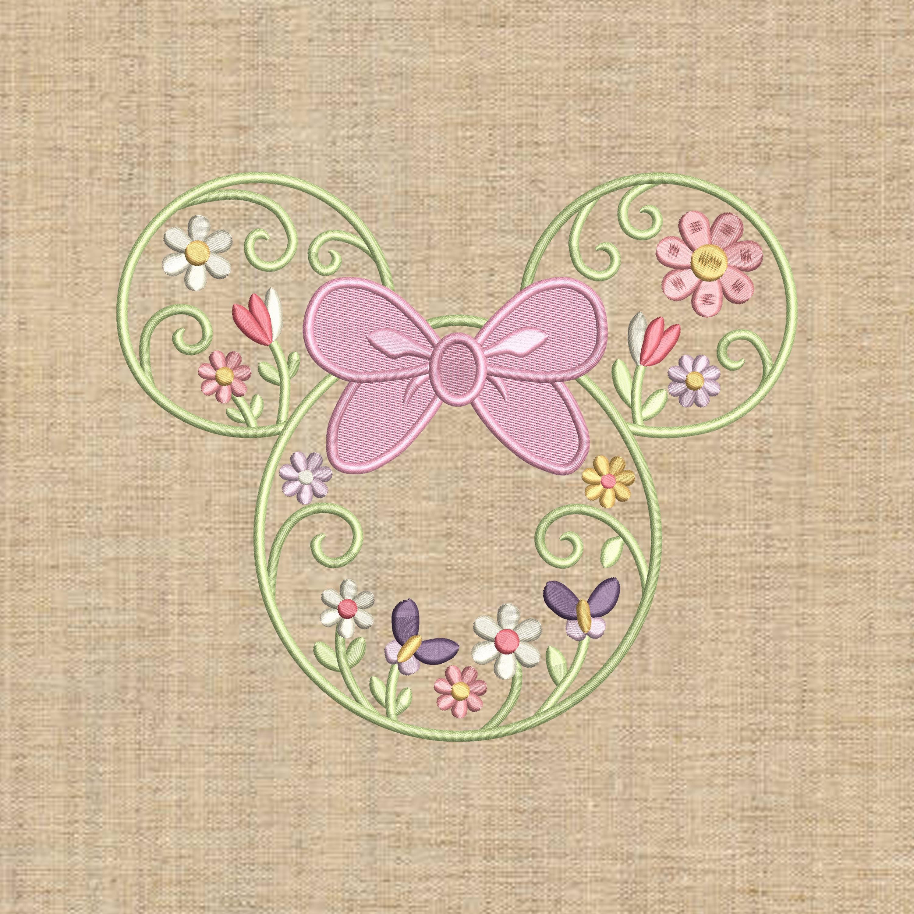 Floral Mouse Head Embroidery Design, Bow Outline Stitch Pattern, Spring ...