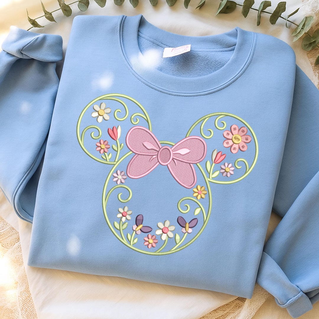 Floral Mouse Head Embroidery Design, Bow Outline Stitch Pattern, Spring ...