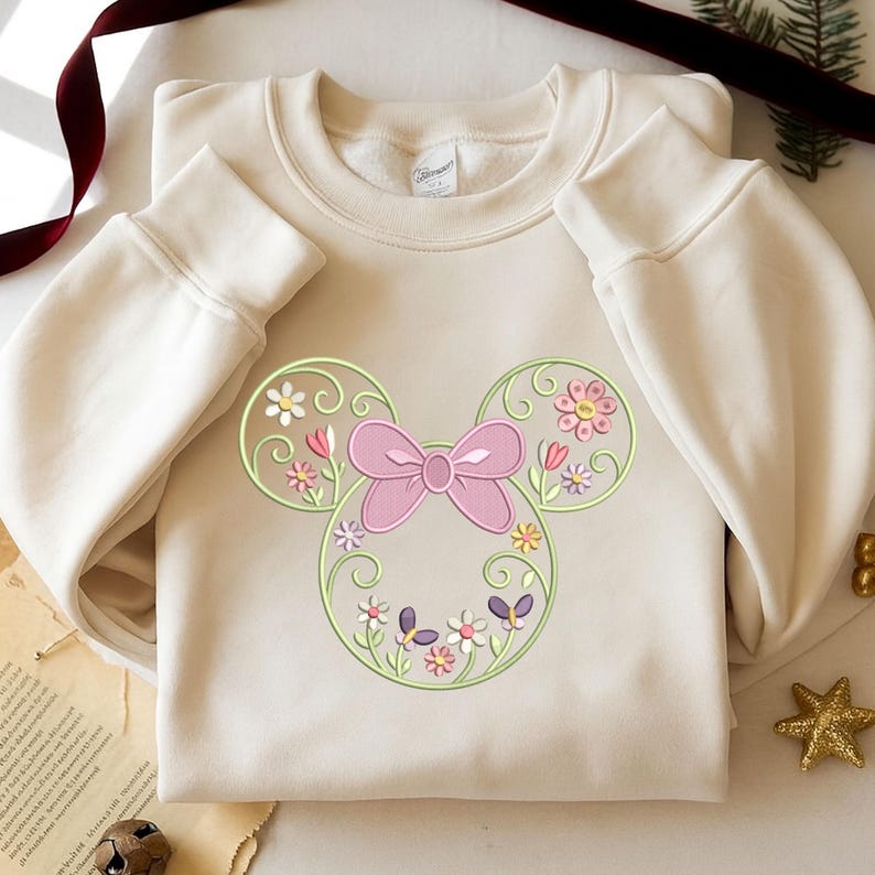 Floral Mouse Head Embroidery Design, Bow Outline Stitch Pattern, Spring ...
