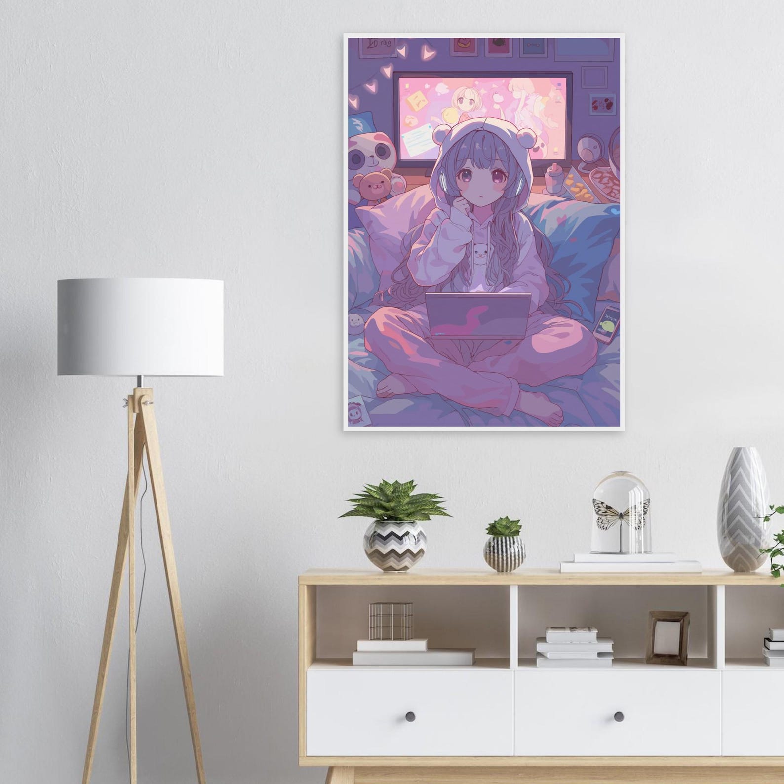 Cute Anime Girl in Pajamas on Laptop, Wall Art Print, Uwu Gamer Girl ...