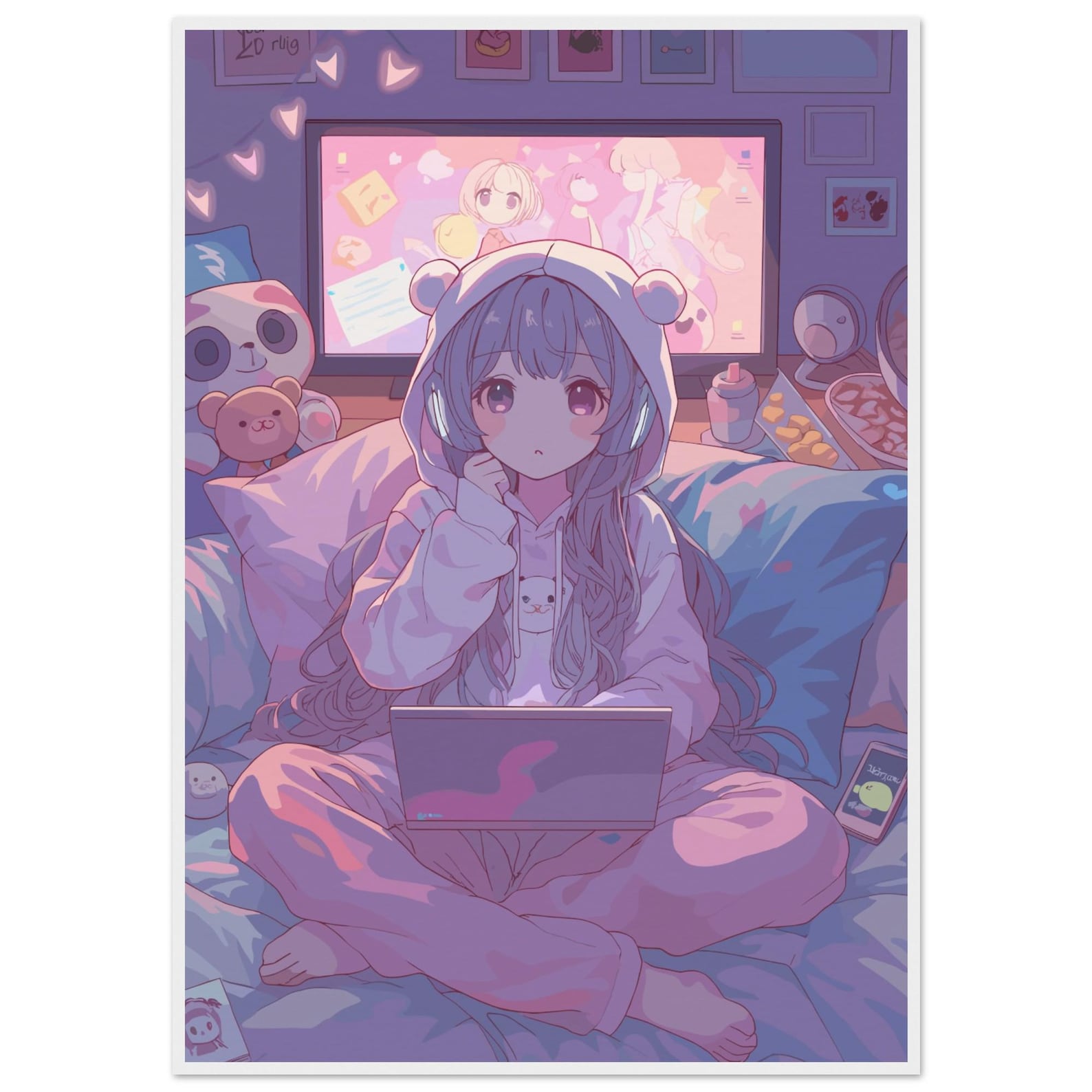 Cute Anime Girl in Pajamas on Laptop, Wall Art Print, Uwu Gamer Girl ...