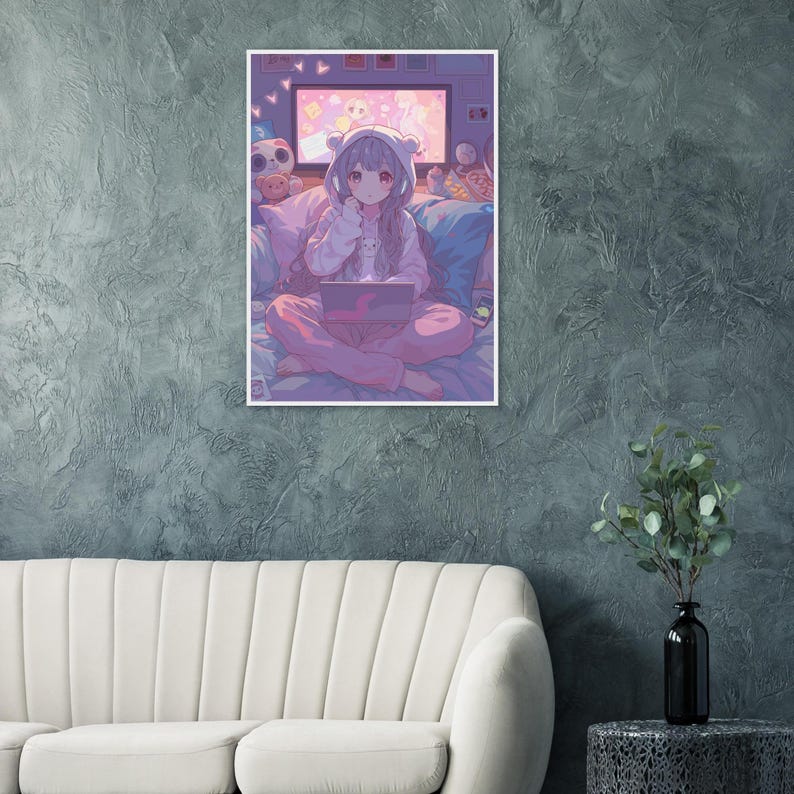 Cute Anime Girl in Pajamas on Laptop, Wall Art Print, Uwu Gamer Girl ...