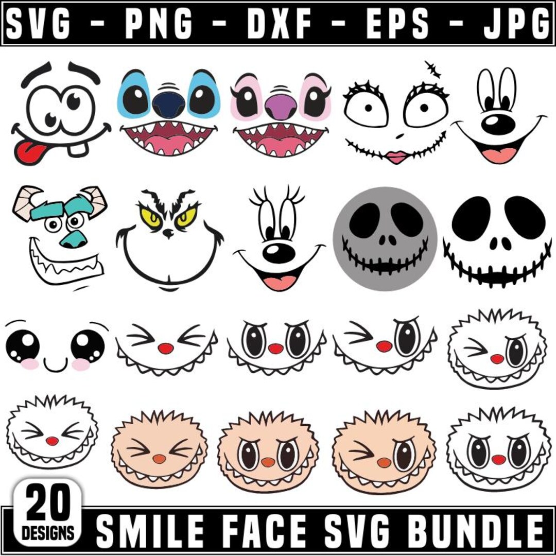 Sourire visage SVG Bundle, Jack Skellington Stitch Olaf PNG, Monsters ...