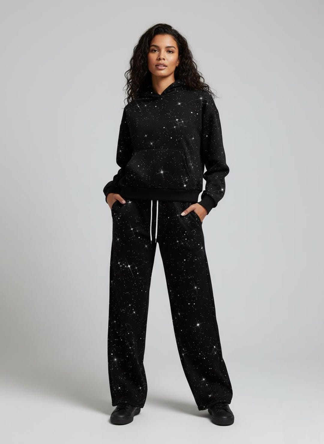 Luxury Black Rhinestone Tracksuit - Sparkly Y2K Hooded Sweatsuit for ...