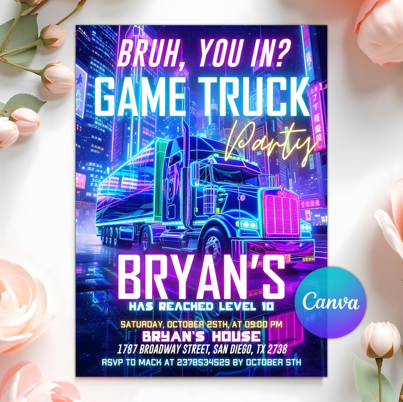 Video Game Truck Birthday Invitation, Neon Gamer Truck Party Invite ...