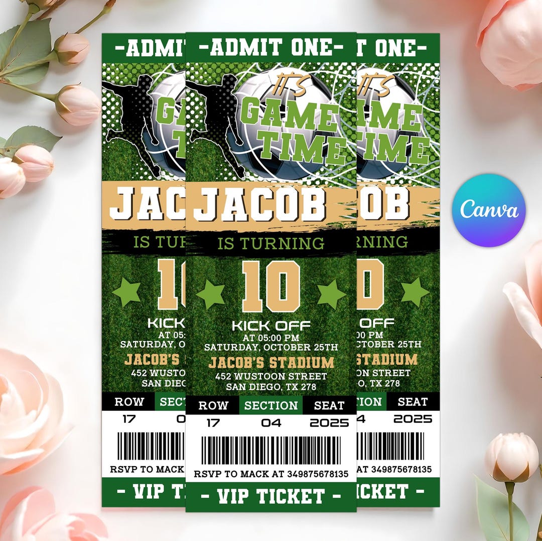Editable Soccer Ticket Invitation, Soccer Birthday Party, Game Time ...