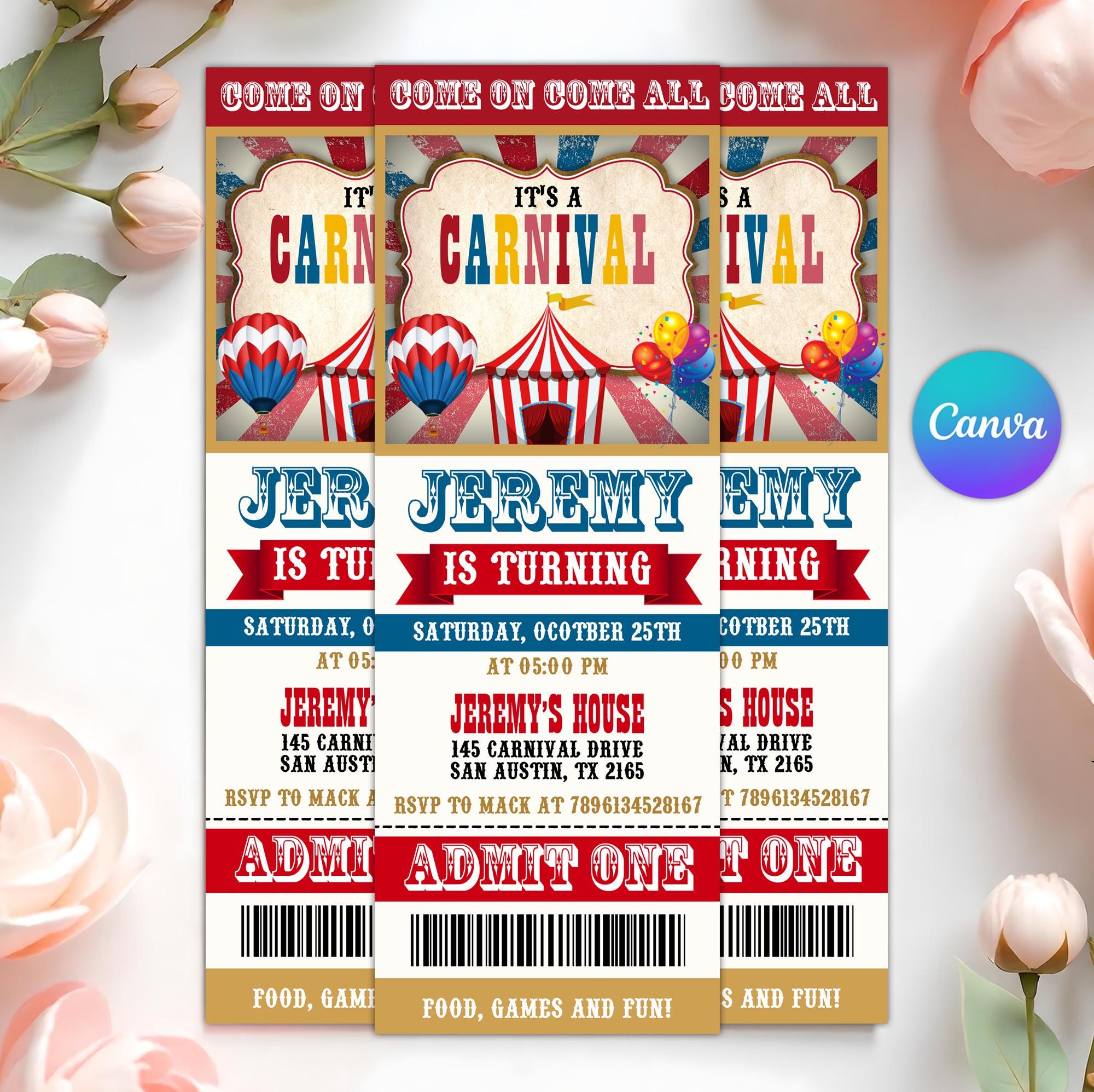 Editable Carnival Ticket Birthday Invitation Template, Circus Party ...