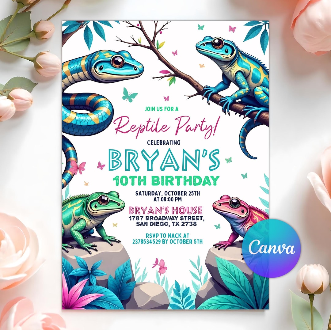 Editable Reptile Birthday Invitation, Girl Pink Reptile Show Party ...