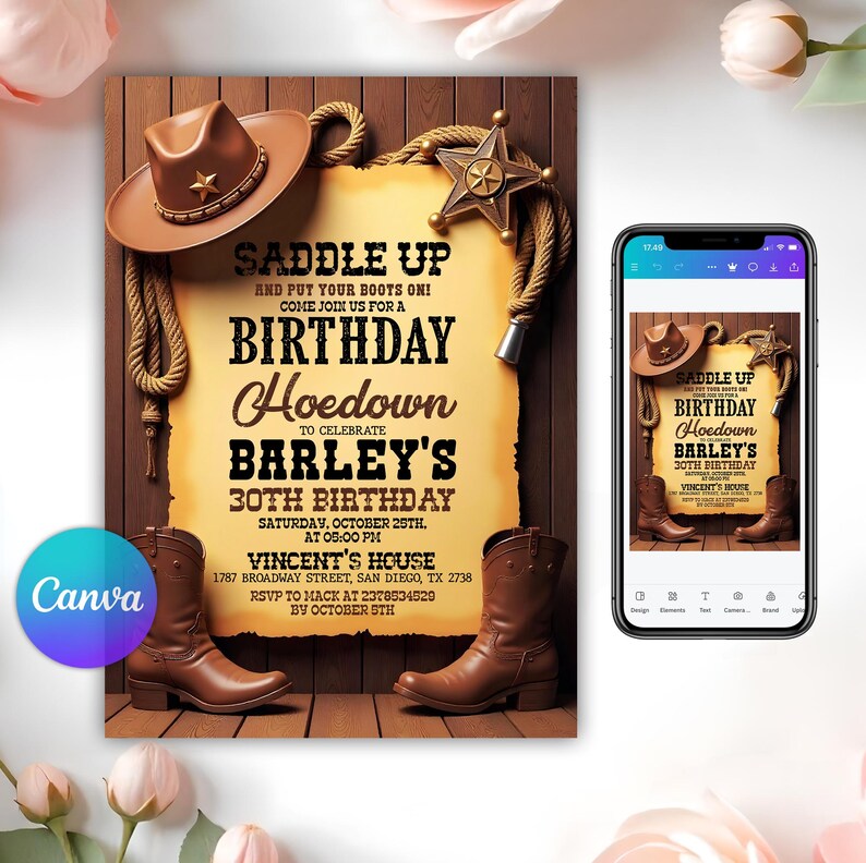 Hoedown Birthday Invitation, Rustic Western Cowgirl Cowboy Party ...