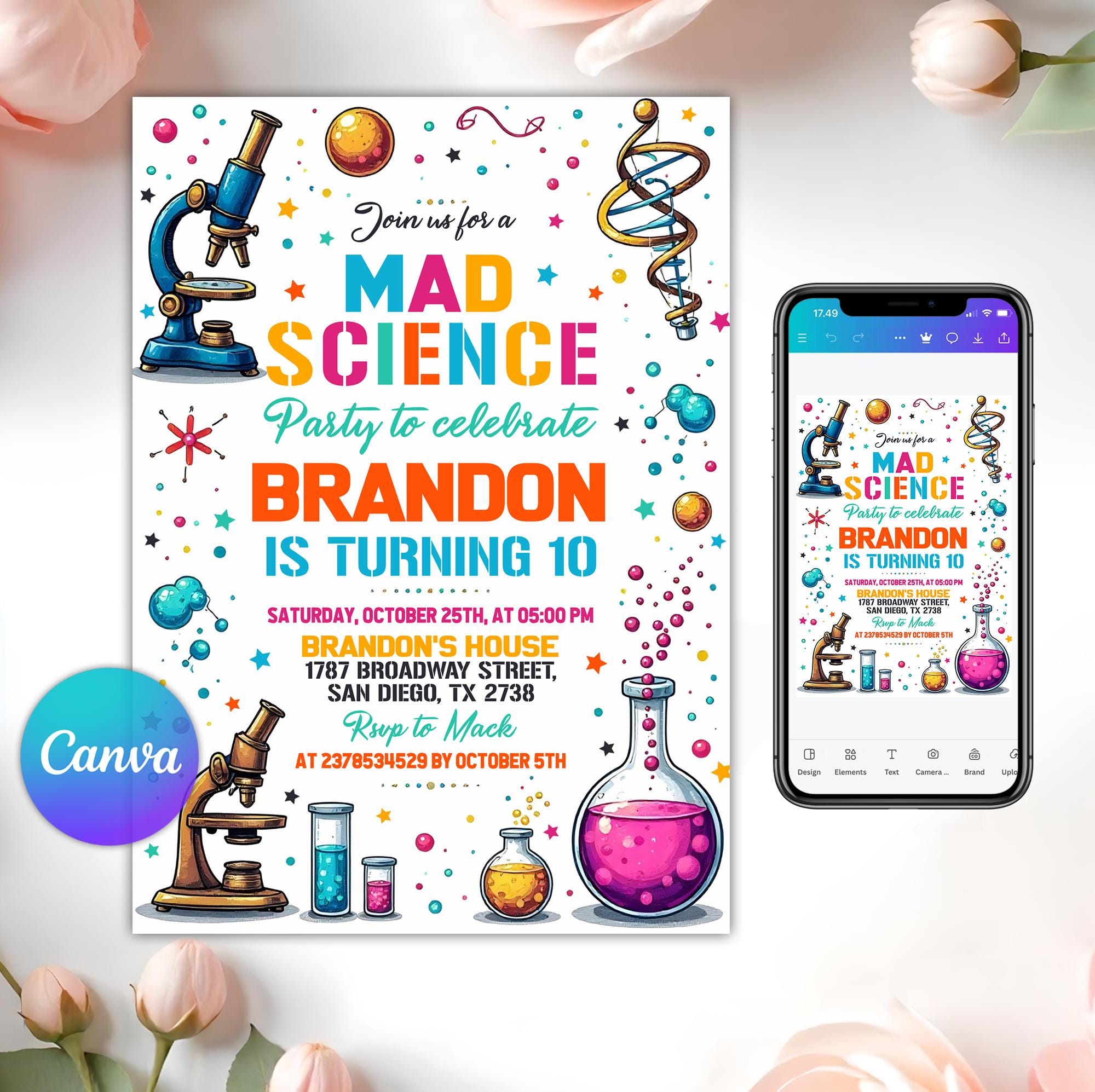 Editable Mad Science Birthday Invitation, Neon Lab Scientist Party ...