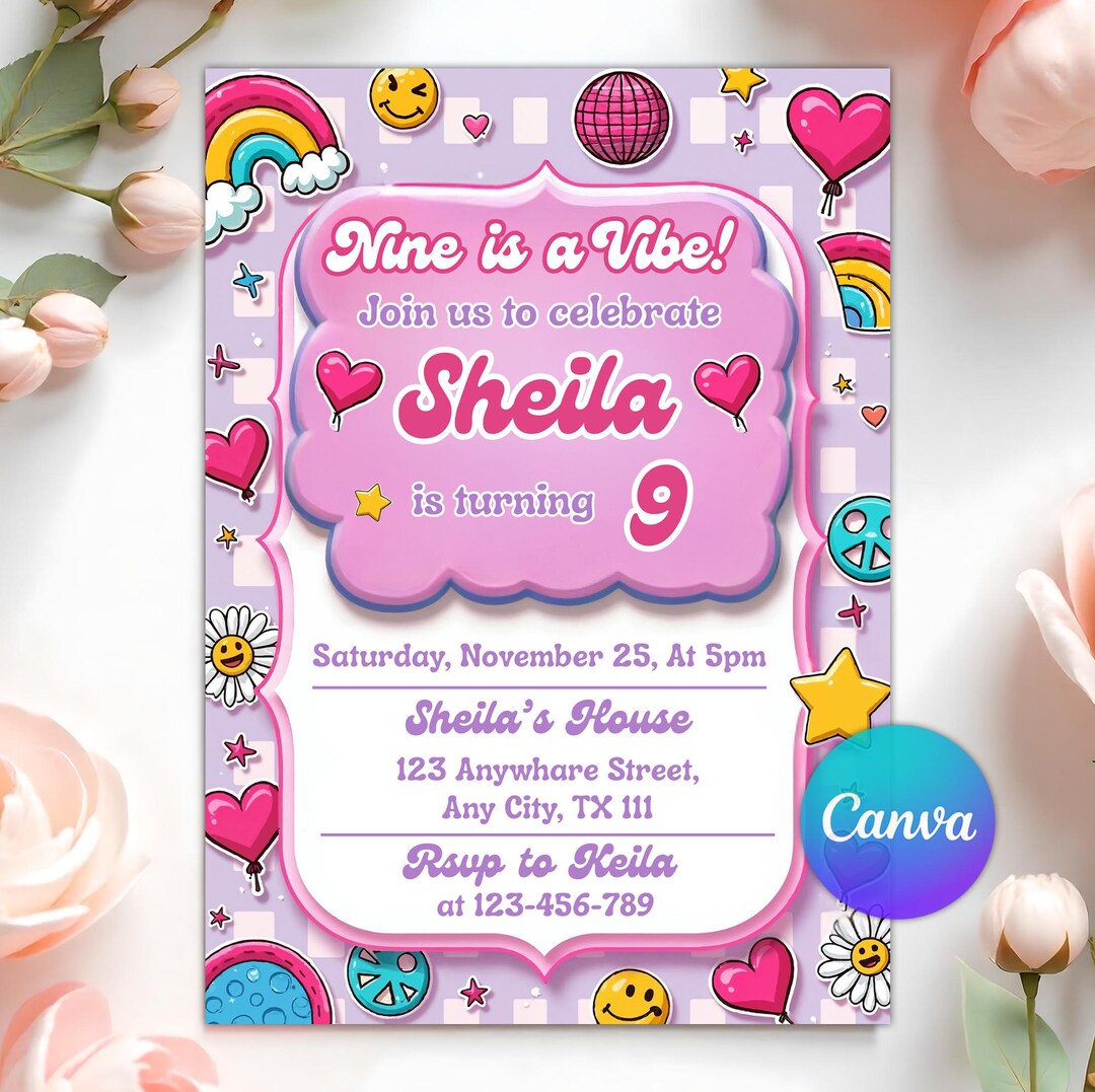 9th Birthday Party Invitation, Groovy NINE is A Vibe Preppy 9th ...