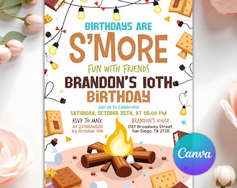 Editable Smores Birthday Invitation, Campfire Bonfire Outdoor, Camping ...