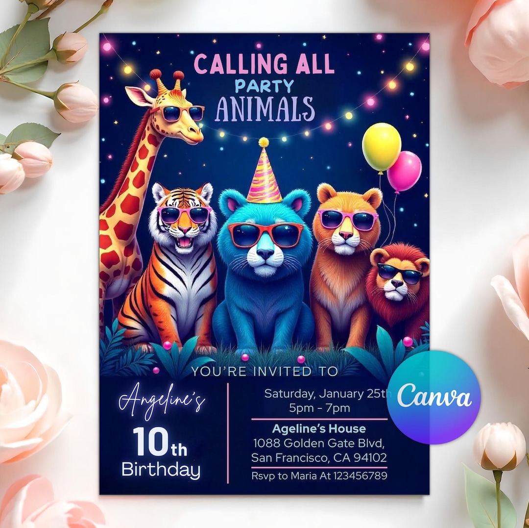Calling All Party Animals Invitation, Neon Party Animal Kids Birthday ...