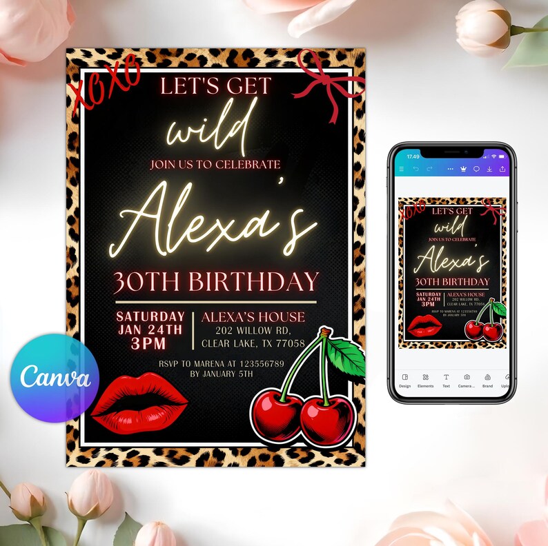 Cheetah Cherries Birthday Invitation, Neon Pink Red Leopard, Glam Girls ...