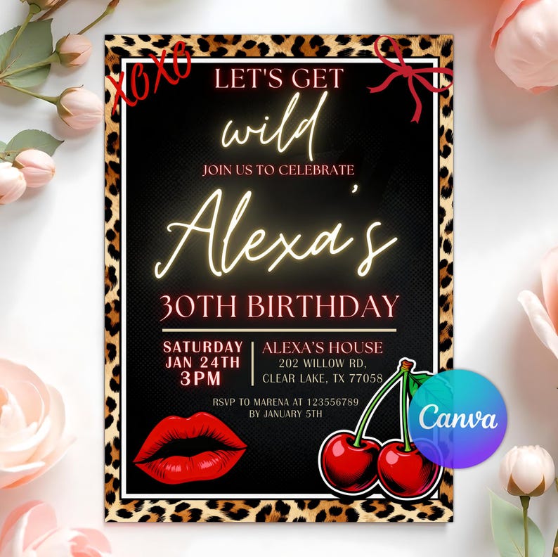 Cheetah Cherries Birthday Invitation, Neon Pink Red Leopard, Glam Girls ...