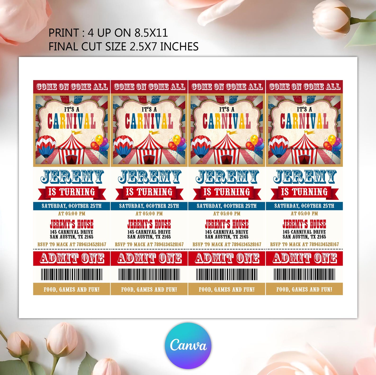 Editable Carnival Ticket Birthday Invitation Template, Circus Party ...
