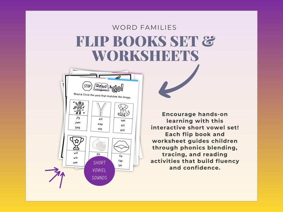 Word Families Flip Book Sets & Worksheets - Short Vowels Sounds - Etsy